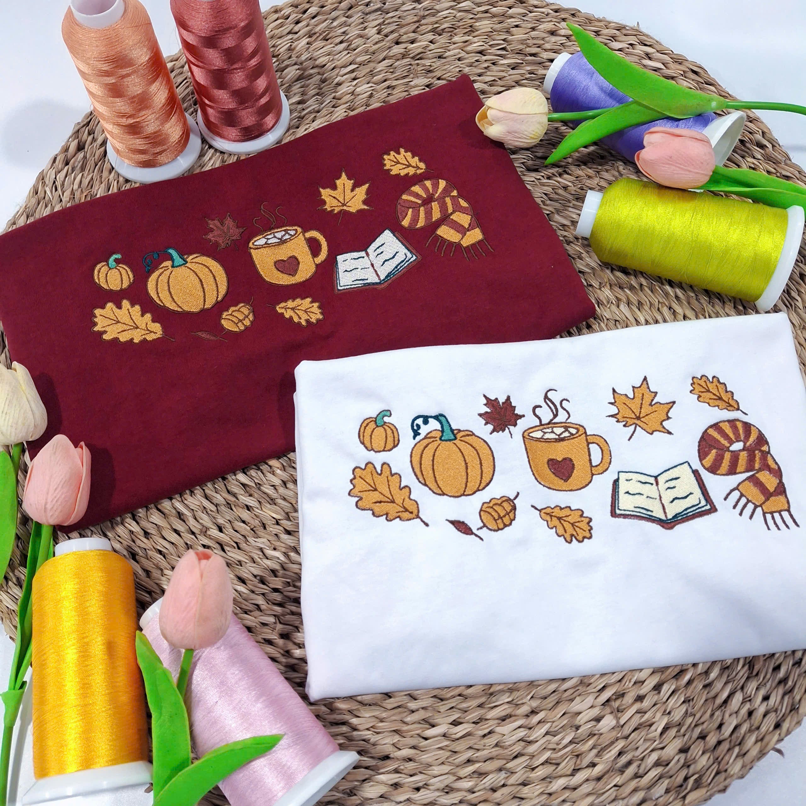 Autumn Embroidery Design – Cozy Fall Pumpkins, Coffee, Leaves, Book ...